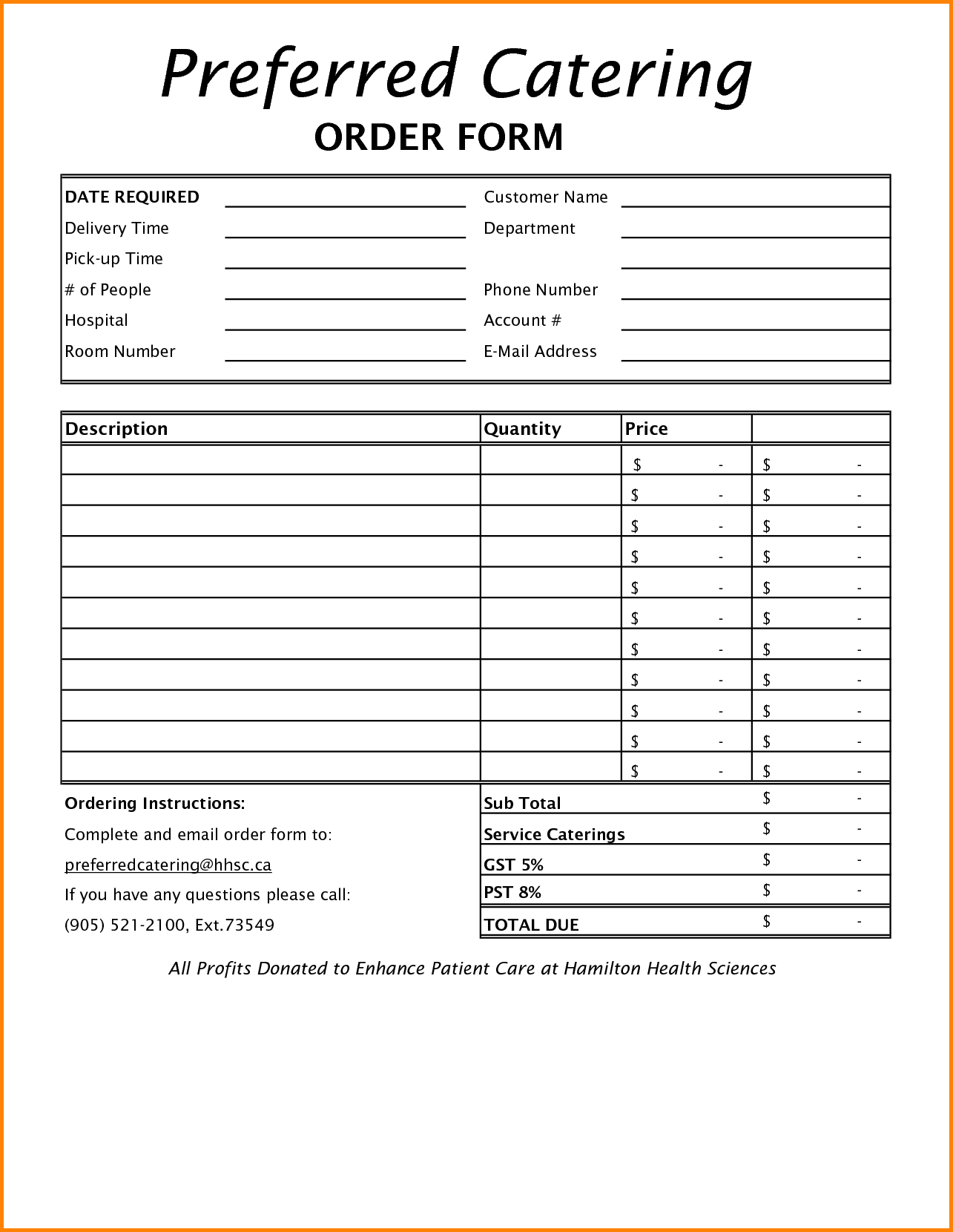 Catering Order Form Template Printable Word Searches