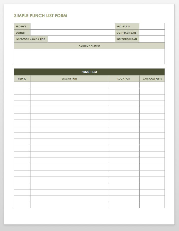 Construction Punch List Template