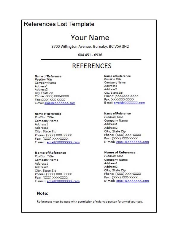 Professional Reference List Template Word Emmamcintyrephotography